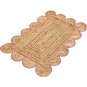 THE RUG CAFE Natural Scalloped Jute Area Rug Bohemian Scallop Boho Decor Area Handwoven Custom Rugs Decorative Rug Natural Base Off Color Trim Reversible Braided Woven Rugs (Pink 3 X 4 Feet)