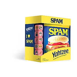 YAHTZEE Spam Brand | Collectible Yahtzee Game as Iconic Spam Can with Custom Dice | Dice Featuring Fried Spam, Spam Musubi, Spam Fries | Travel Yahtzee Game & Dice Game