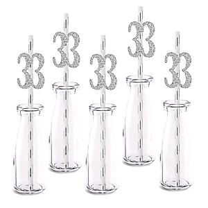 Silver Happy 33rd Birthday Straw Decor, Silver Glitter 24pcs Cut-Out Number 33 Party Drinking Decorative Straws, Supplies