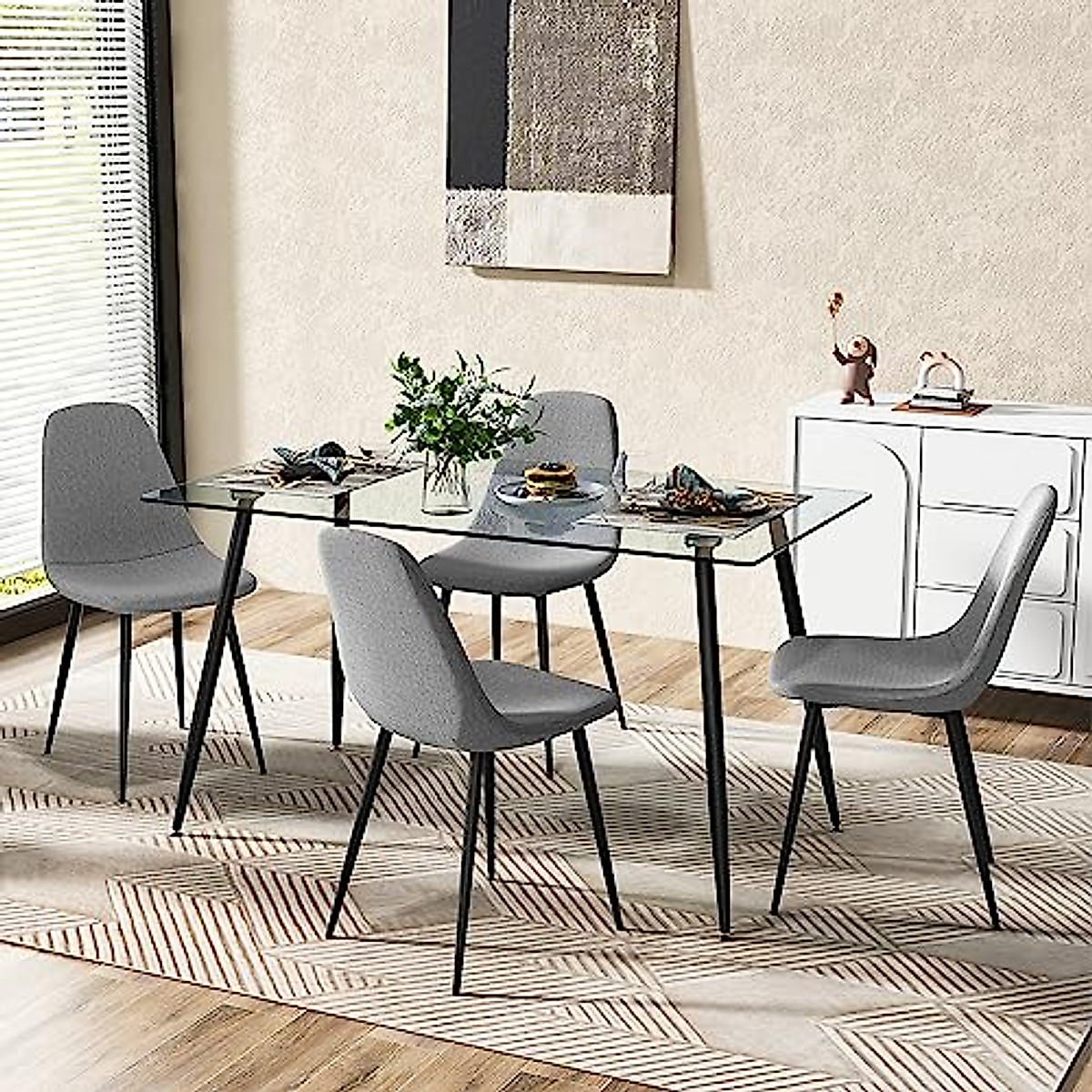 Tangkula Glass Dining Table, Modern Rectangular Table with Tempered Glass Tabletop & Black Steel Legs, Simplistic Kitchen Table, 51 x 27.5 x 29.5 Inch, Versatile Table for Home Office