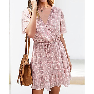 KIRUNDO Women's Summer Dresses 2025 Casual Short Sleeve V Neck Ruffle Floral Print High Waist Flowy Mini Dress with Belt(Small, Pink)