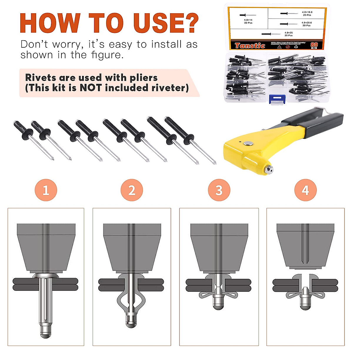 Tanstic 80Pcs 3/16'' x 9/16'' / 3/4'' / 13/16'' / 1" 4 Sizes Flange Aluminum Blind Rivets Large Head Tri-Fold Exploding Pop Rivets Assortment Kit (Black)