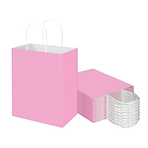 Toovip 50 Pack 8x4.75x10 Inch Medium Light Pink Kraft Paper Bags with Handles Bulk, Gift Bags for Birthday Party Favors Retail Grocery Shopping Business Goody Craft Merchandise Take Out Bags Sacks