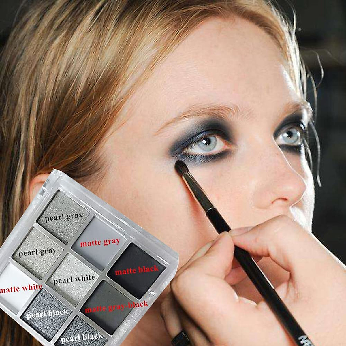 Yeweian Black Smokey Eyeshadow Palette, 9 Colors Black Silver Gray White Goth Eyeshadow Makeup Palette, Waterproof Cool Toned Matte Glitter Eyeshadow Palette Sombras De Ojos Profesional