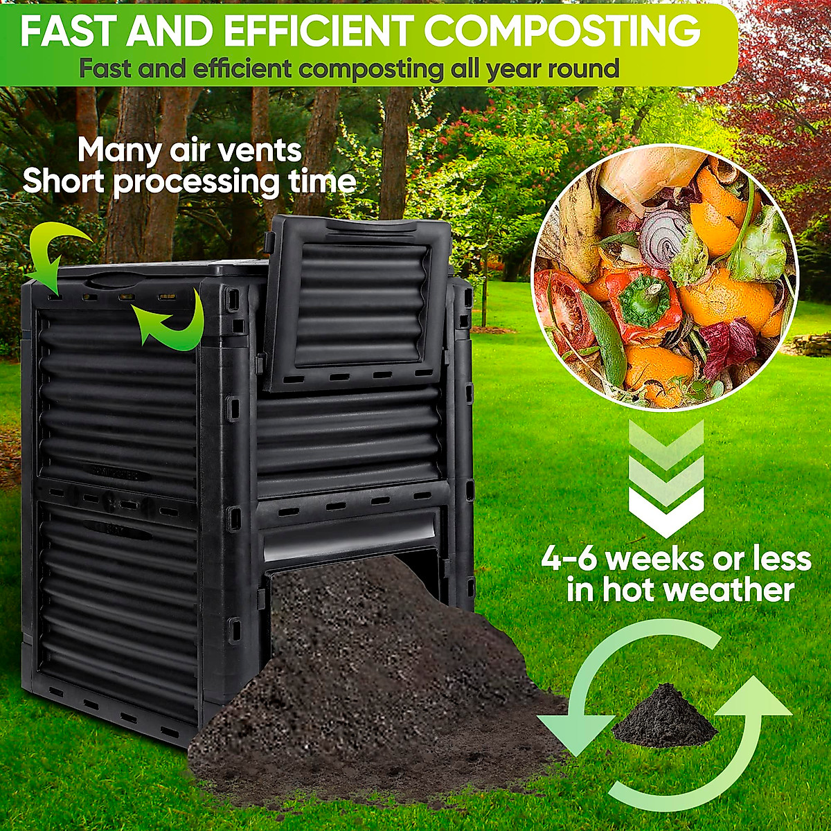 LEMY Garden Compost Bin, 80 Gallon Outdoor Compost Box for Fast Creation of Fertile Soil, Large Capacity, Black