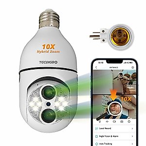 10X Hybrid Zoom Light Bulb Security Camera, 2MP Light Socket Security Camera Outdoor Indoor, Wireless WiFi Home Security Cameras, Full Color Night Vision, Two-Way Dialogue, Motion Tracking