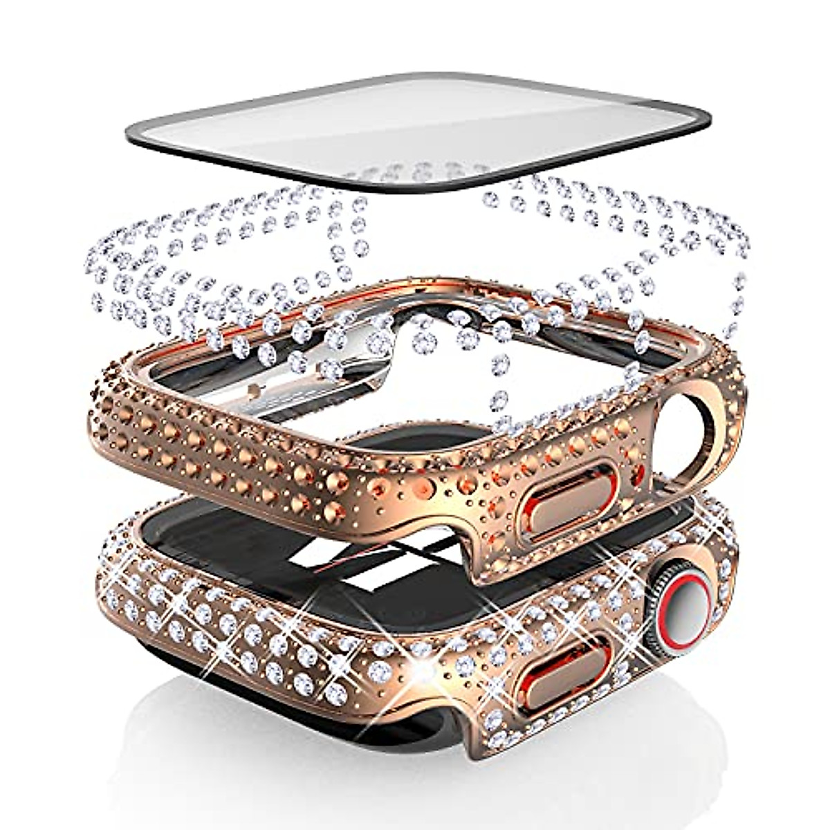 Fullife 3-Pack Crystal Diamond Bling Cases Compatible with Apple Watch 40mm Protective Bumper with Tempered Glass Protector for iWatch Series 6 5 4 SE, Rosegold/Rainbow/Clear