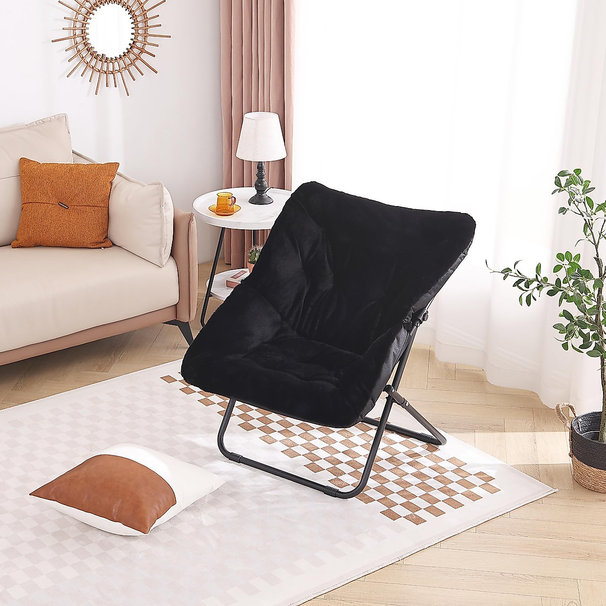 Tiita Comfy Saucer Chair, Soft Faux Fur Oversized Folding Accent Chair, Lounge Lazy Chair for Kids Teens Adults, Metal Frame Moon Chair for Bedroom, Living Room, Dorm Rooms