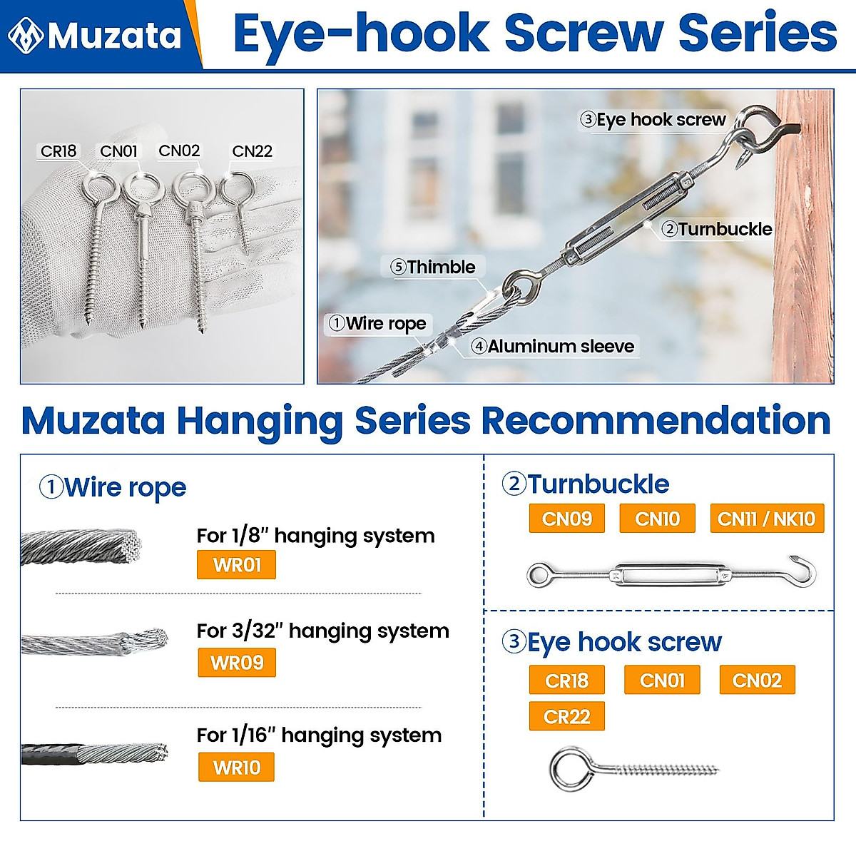 Muzata 50pack 7/8’’ M3 Screw Eye Hook Wood Screws Metal Hook T316 Stainless Steel for Wood Securing Cable Wire Terminal Ring Eyelet Self Tapping Eye Bolt Indoor Outdoor CN18 HN2