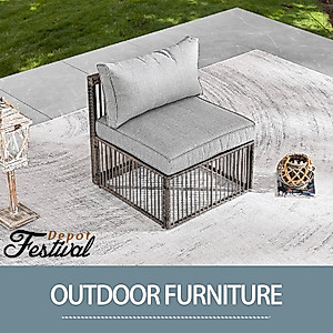 Festival Depot Wicker Patio Single Sofa, Outdoor Armless Chair, All-Weather Brown PE Rattan Couch Chair Waterproof Sectional Furniture for Balcony Garden Pool Lawn Backyard, Grey Thick Cushion