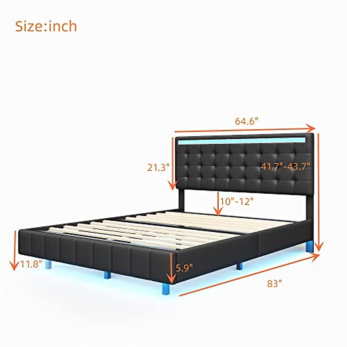 Queen Size Floating Bed Frame with LED Lights and USB Charging, Modern Upholstered Platform LED Bed Frame No Box Spring Needed, Easy Assembly (Black)