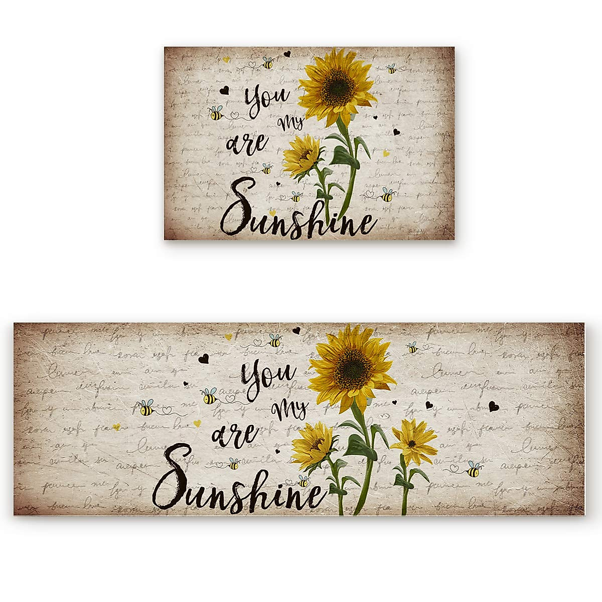 Rugs Set 2 Piece Kitchen Rugs, Taupe You are My Sunshine Sunflower Retro Letter Soft Waterproof Non-Slip Rubber Backing Floor Mats Doormat Bathroom Runner Area Rug Carpet, 15.7x23.6in + 15.7x47.2in