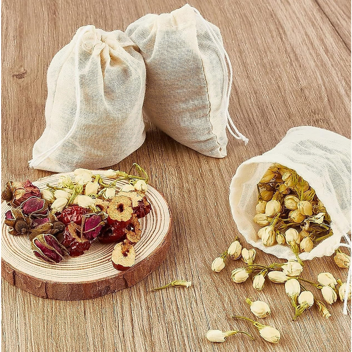 GEMLORD 50 Pcs 4 x 6 Inches Cotton Muslin Bags, Reusable Drawstring Bags for Tea, Cheesecloth Sachet Bags with Drawstring for Party, Home Storage and DIY Craft