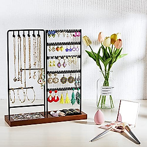 Vtopmart Jewelry Holder Organizer Stand Tree for Earring Necklace Ring Bracelets Display and Storage, with 90 Holes, 12 Hooks, Ring Tray, Black+ Walnut