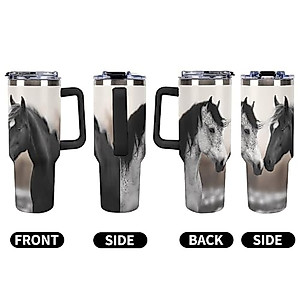 STVNKML 40 Oz Tumbler with Handle Black And White Horses Stainless Steel Coffee Mug Reusable Travel Mug Leak-proof Insulated Car Cup Large Capacity Tumbler for Travel, Outdoor, Home Use (Black)
