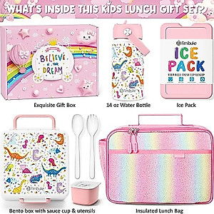 Fimibuke Kids Bento Lunch Box with 4 Compartments, Insulated lunch Bag, Stainless Steel Insulated Water Bottle, Ice Pack & Utensils, Birthday Gifts for Ages 3-12 Back to School Toddler Girls Boys