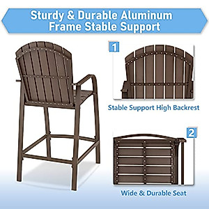 VredHom Outdoor Aluminum Bar Stools Set of 2, 2PCS Bar Height Chairs Patio Stools Wood Bar Chair Set with Brown Aluminum Frame, Armrest and Footrest for Balcony Pool Garden Lawn Deck Backyard