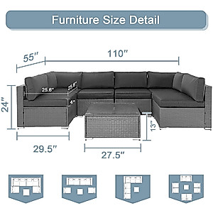 Incbruce 7-Piece Outdoor Furniture Sofa Set, All-Weather Gray Wicker Sectional Couch, Patio Conversation Sets with Glass Coffee Table and Washable Cushions (Grey)