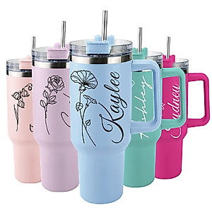 Elemtansy Ships Next Day, Personalized 40 Oz Tumbler with Handle and Straw, Custom Stainless Steel Insulated Tumbler with Name Travel Coffee Mug Personalized Gifts for Women Girls