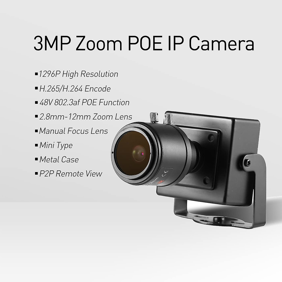 Revotech Zoom Mini POE IP Camera, HD 3MP Indoor Security Camera 2.8-12mm Manual Zoom Lens P2P Remote View CCTV Video Cam H.265 (I712-P Black)