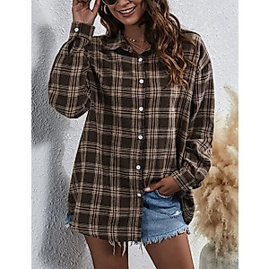 Zontroldy Brown Plaid Flannel Shirt Women Oversized Long Sleeve Button Down Buffalo Plaid Shirt Blouse Tops (0228-Coffee-L)
