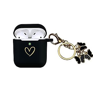 AIIEKZ Compatible with AirPods Case Cover, Soft Silicone Case with Gold Heart Pattern for AirPods 2&1 Generation Case with Cute Butterfly Keychain for Girls Women (Black)