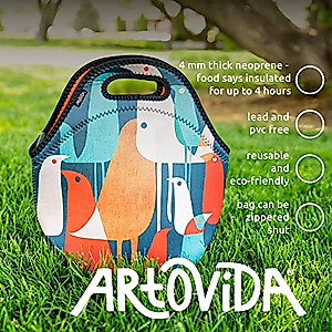 Artovida Artists Collective Insulated Neoprene Lunch Bag - Washable Soft Lunch Tote for Work and Picnic - Design by Budi Kwan (Indonesia) Flock of Birds - Classic