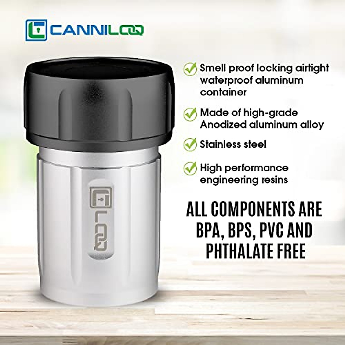Canniloq T80ASPB Premium Rugged Airtight Jar and Aluminum Container Keeps Dry Goods Fresh, Silver Body Black Cap, 80ml