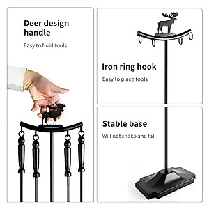 Firesrc 5Pcs Fireplace Tools Set Black Handle Wrought Iron and Holder Outdoor Fireset Fire Pit Stand Indoor Rustic Tongs Shovel Antique Brush Chimney Poker Wood Accessories Kit