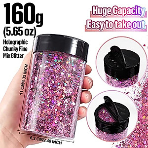 Renfio Holographic Chunky Glitter, 5.64 Oz 160g Extra Fine Glitter Powder Mixed Chunky PET Flake Sequins Bulk for Nail Art Resin Crafts Painting Festival Decor Slime Tumbler Candle - Laser Blue