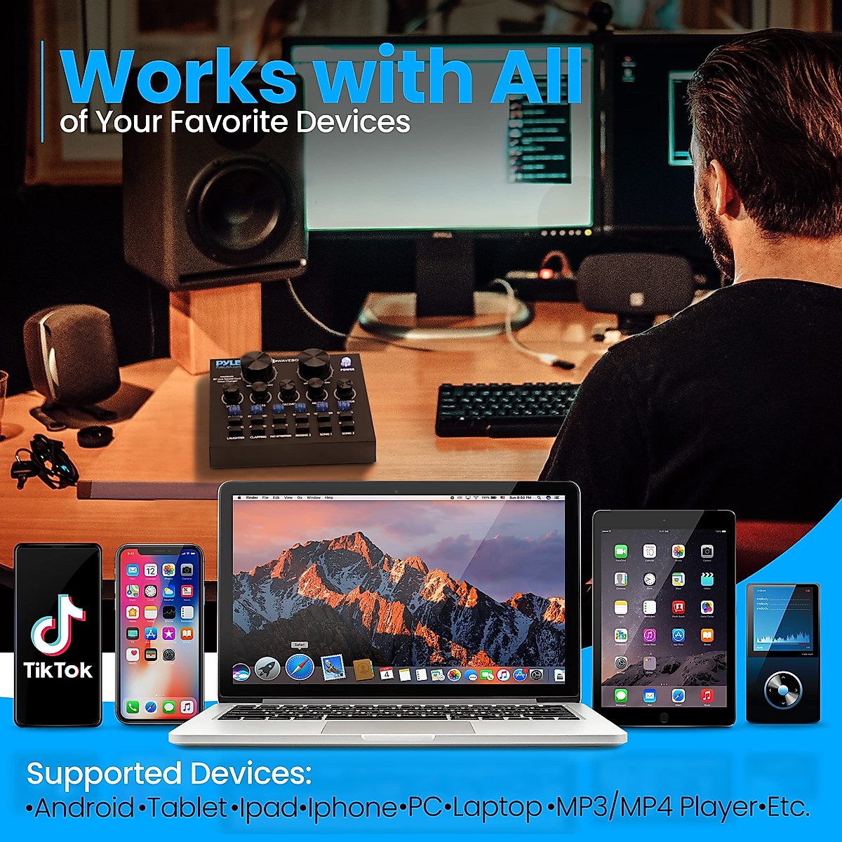 Pyle Bluetooth Mini Audio Podcast Mixer - Live Streaming For PC Computer iPhone Broadcasting Voice Changer V8 Sound Card with 12 Sound Effects,3 Inputs, Mic Input - PKSCRD208.5