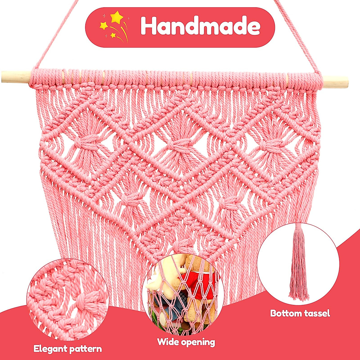 Stuffed Animal Storage Hammock Wall Hanging Toy Hammock Net Space Saving Stuffed Toy Hammock Handmade Toy Net Corner for Bedroom Nursery Basement Playroom (Pink)