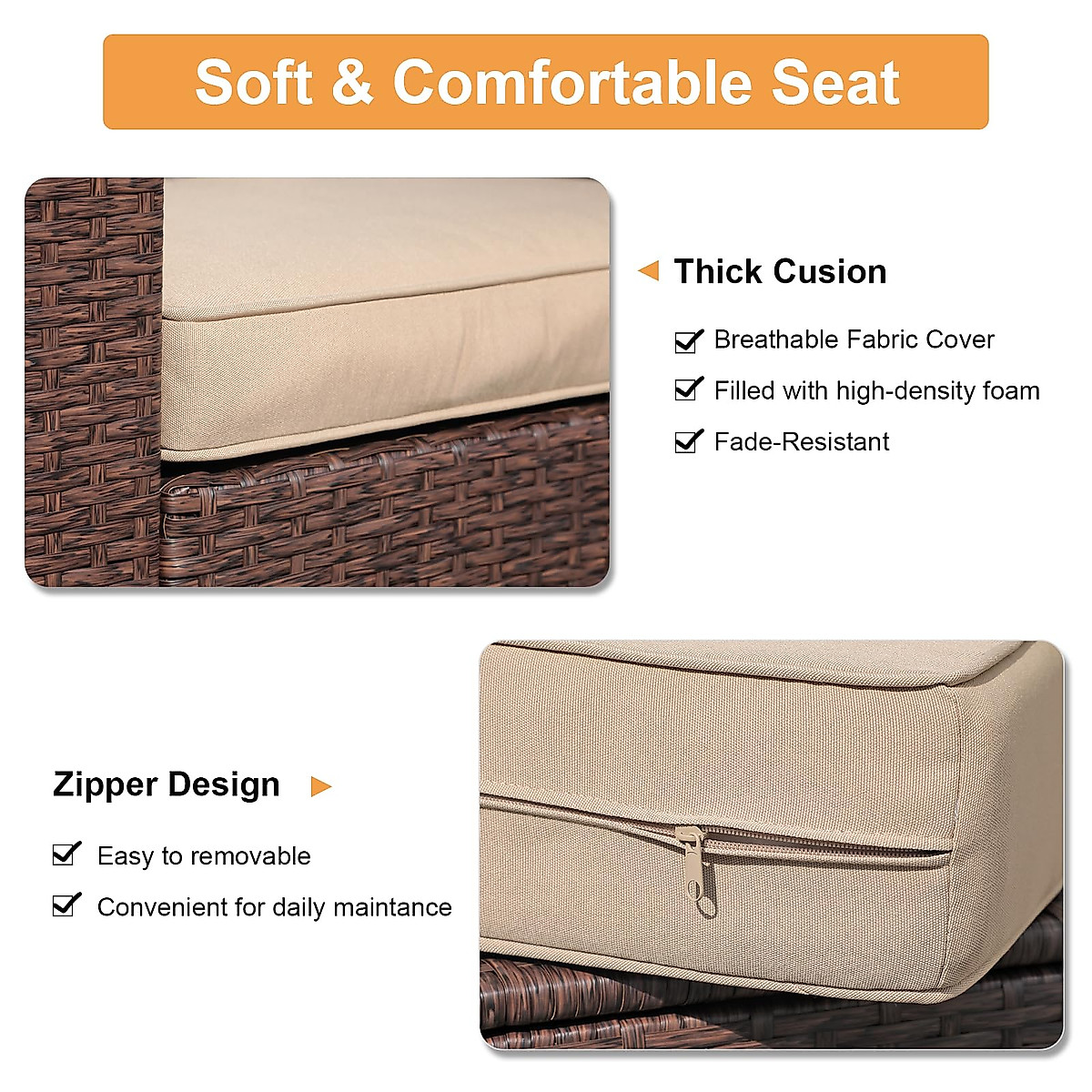 Super Patio 5 Piece Outdoor Furniture Set, PE Wicker Rattan Small Patio Set Balcony Furniture, Outdoor Sofa with Ottomans, Tempered Glass Side Table, Beige Cushions, for Porch, Deck, Poolside