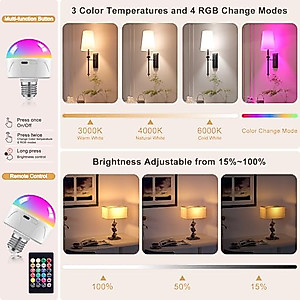 2Pack Rechargeable Light Bulbs with Remote E26/E12 Battery Operated Light Bulb 2200mAh, 3 Color Temperatures/Timer/Dimmer/Color Changing Puck Lights with Remote, Cordless Light Bulb for Non-Hardwired