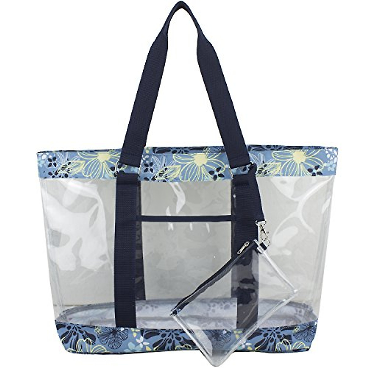 Eastsport Clear Deluxe Tote Bag with FREE Wristlet, Durable, See-Through, Transparent, Zipper Closure, Perfect for Work, Sporting Events, School and Concerts - Blue Floral