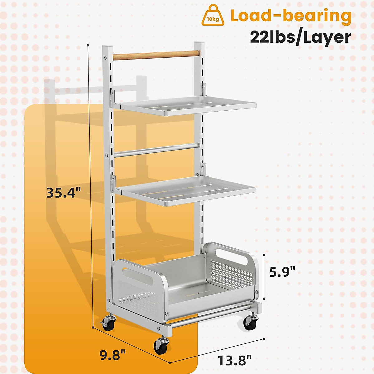 Aratan 3 Tier Rolling Cart, Small Utility Cart on Wheels, White Detachable Kitchen Cart Storage Organizer Cart with Wooden Handle for Home, Office and Classroom