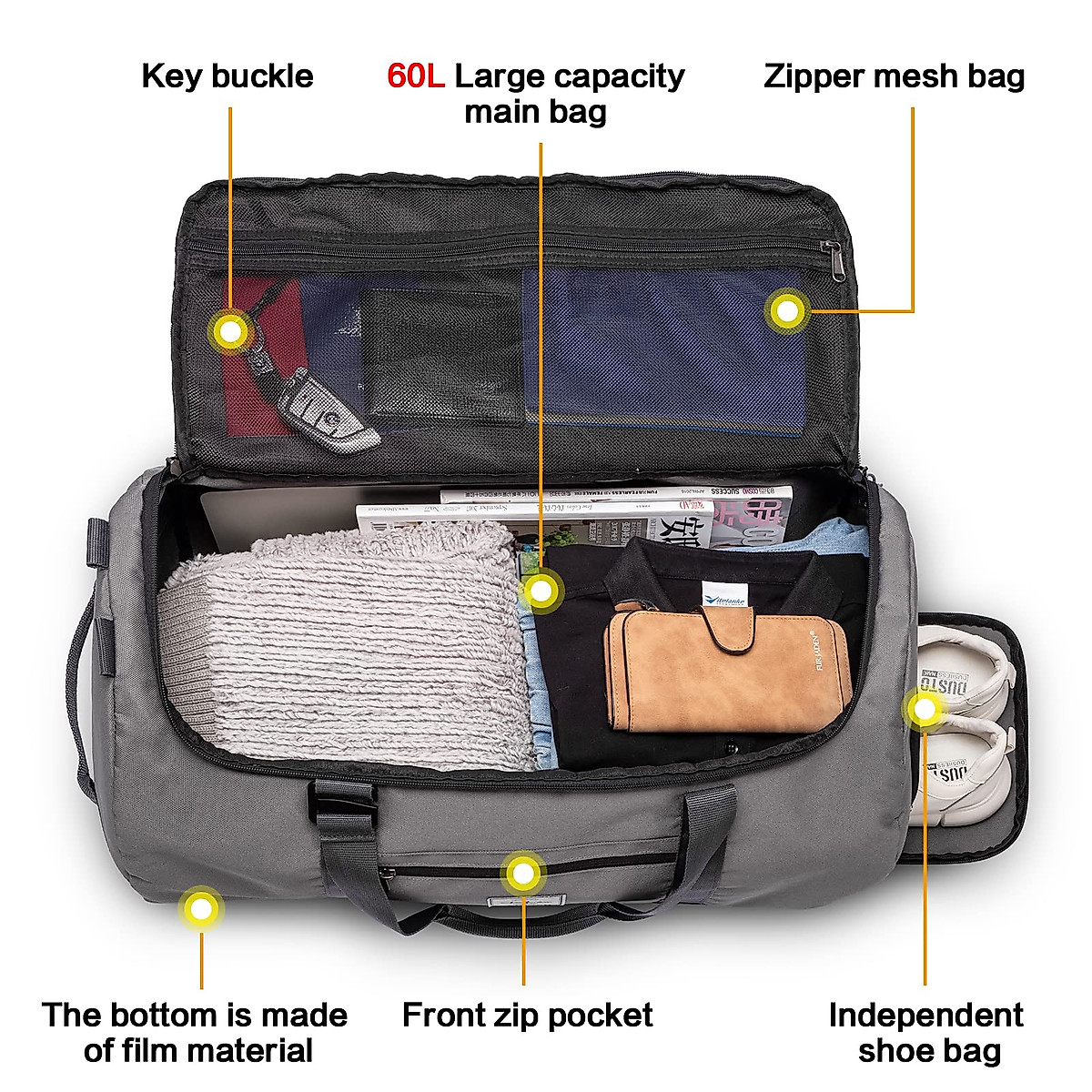 Lyweem 60L Duffle Bag for Men Travel Duffel Bag Large Size for Women Weekender Overnight with Shoes Compartment Multifunctional Gym Bags, Gray