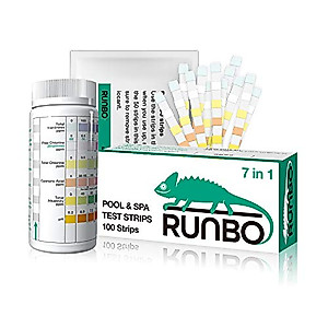 RUNBO Pool Test Strips 7-in-1 (100 Count), Quality Testing Strips - Simple and Easy - Test Free Chlorine, Total Chlorine, Bromine, Total Hardness, Total Alkalinity, pH and Cyanuric Acid