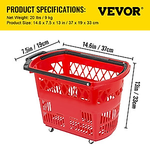 Mophorn 6PCS Shopping Carts, Plastic Rolling Shopping Basket with Wheels, Red Shopping Baskets with Handles, Portable Shopping Basket Set for Retail Store