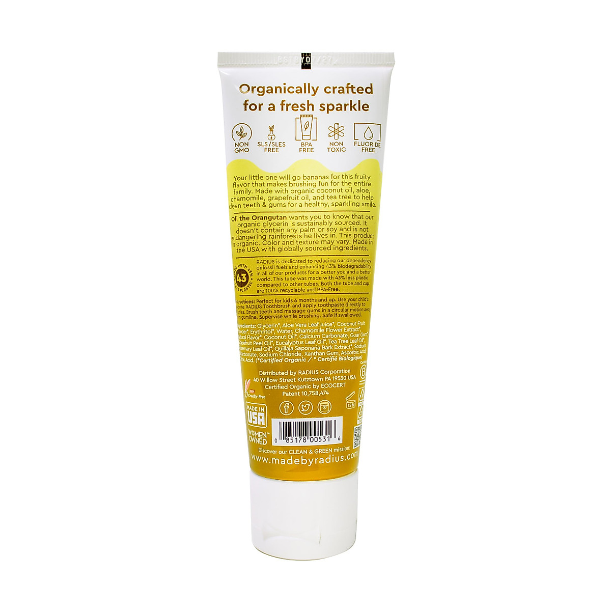 Radius USDA Kids Organic Toothpaste, Coconut Banana, 3 Oz (Pack of 1)