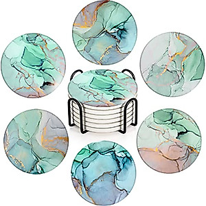 Coaster for Drinks Set of 6, Paint Colorful Oil High Watercolor Absorbent Round Ceramic Stone Mat, with Cork Base and Metal Holder, Gift for Housewarming Room Bar Decor