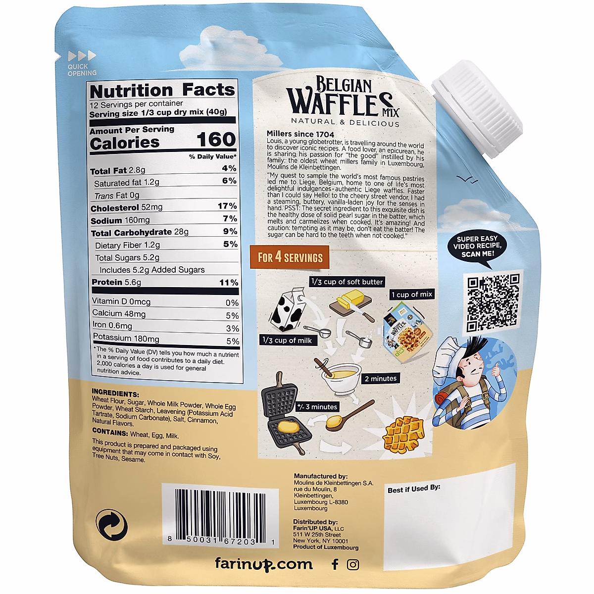 Farin'UP Belgian Waffle Mix with Pearl Sugar, 16oz | Resealable, No Mess Packaging (Pack of 1)