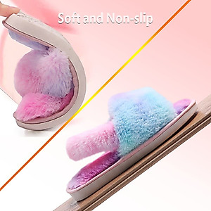 LightFun Fuzzy Fluffy Furry girls kids slippers cloud Fur Open Toe Slippers for kid House Home Indoor Outdoor(Colorful,1011)