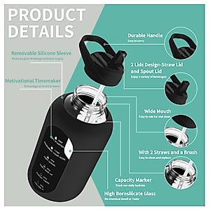 CIVAGO 64 oz Glass Water Bottle Jug with Straw and Handle, Half Gallon Sports Motivational Water Bottle with Time Marker, Wide Mouth Flask Canteen with Silicone Sleeve for Gym, Black