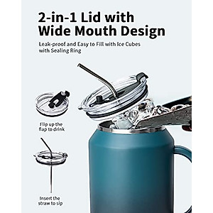 Trebo 50 oz Mug Tumbler with Handle, Stainless Steel Coffee Cup with 2 Lids and 2 Straws,Double Wall Vacuum Insulated Large Bottle,Reusable Flask Keeps Cold for 36 Hrs/Hot for 24 Hrs,Blue Indigo/Black