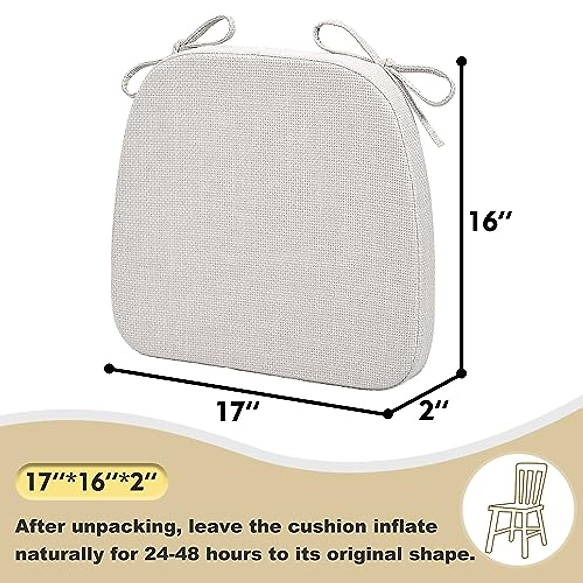HAVARGO Chair Pads Kitchen Chair Cushions 17"X16" High Resilient Foam Seat Cushion for Kitchen Chairs, Dining Room Chair Cushions with Tie and Non-Slip Backing Set of 4, Ivory White