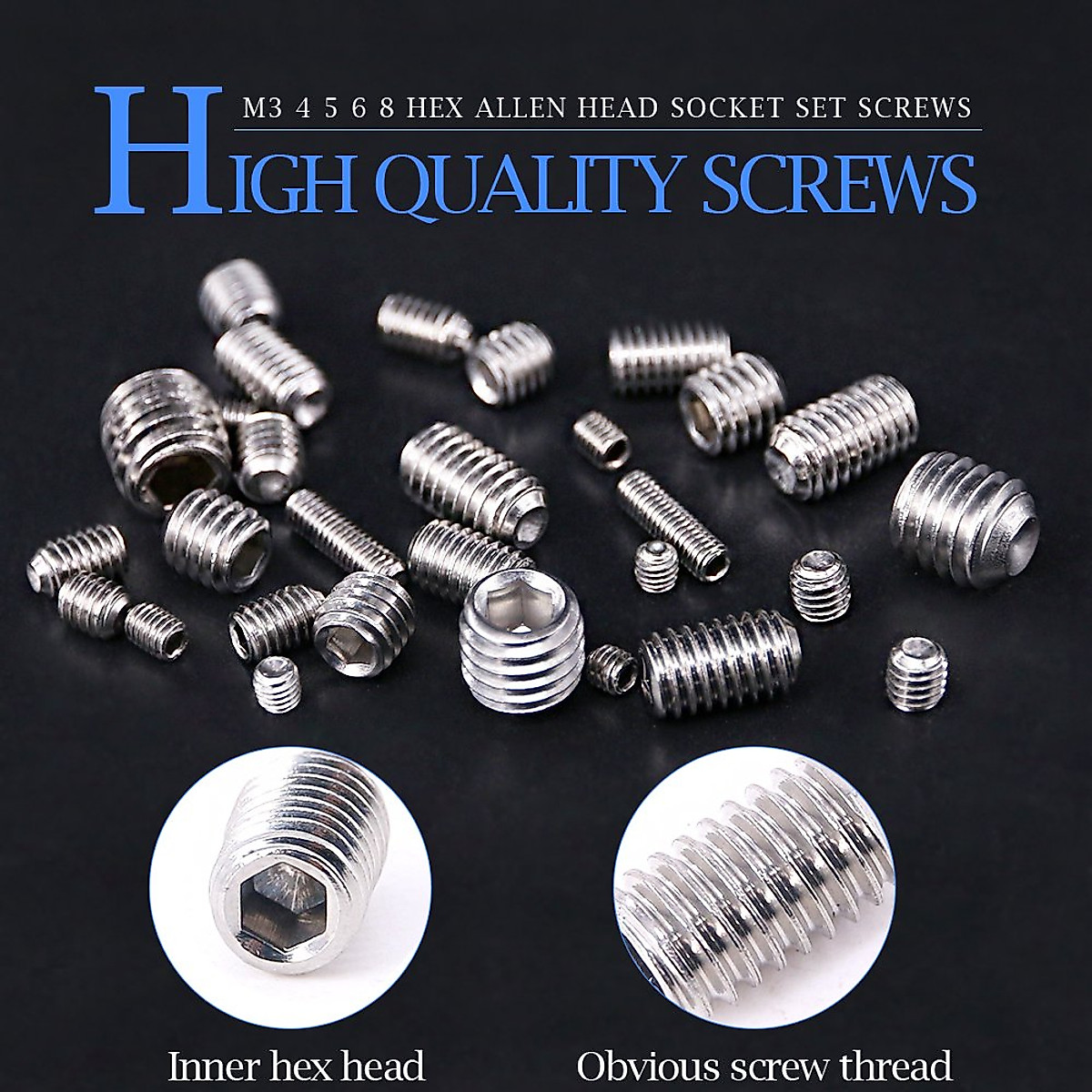 Glarks 200-Piece M3 4 5 6 8 Hex Allen Head Socket Set Screw Assortment Kit (304 Stainless Steel)