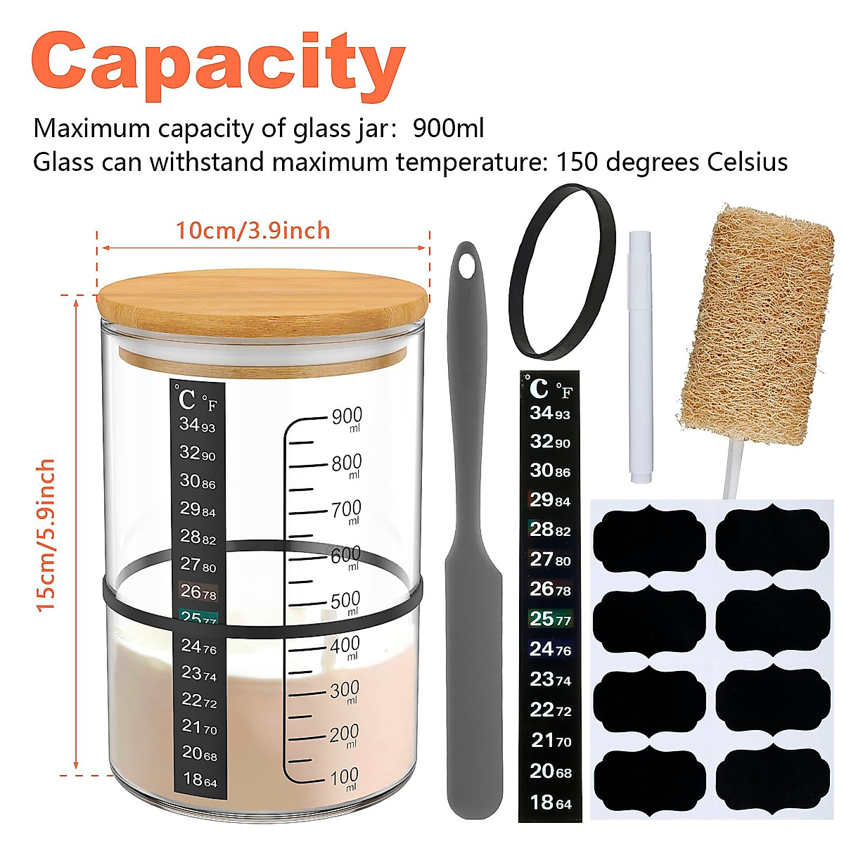 Sourdough Starter Jar Kit, 30.4oz Sourdough Bread Starter Container, Clear Glass Sourdough Starter Cup, Wide Mouth w/Wooden Lid Thermometer Strip Spatula Rubber Band Loofah Lable Pen for Bread Baking