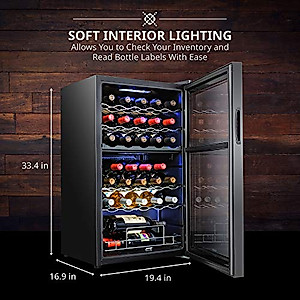 Ivation 33 Bottle Dual Zone Wine Cooler Refrigerator w/Lock | Large Freestanding Wine Cellar For Red, White, Champagne & Sparkling Wine | 41f-64f Digital Temperature Control Fridge Glass Door Black