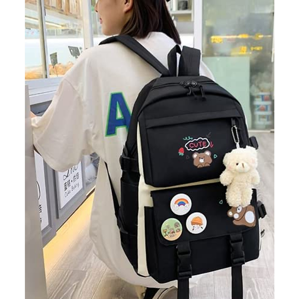 HUIHSVHA 5 PCS Kawaii Backpack Set for Teens Girls, Aesthetic School Laptop Bag Shoulder Bag Canvas Daypack with Bear Pendant